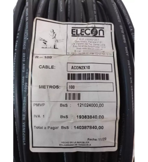 Cable Concéntrico Elecon 2x10 X metros 600v 100% Cobre