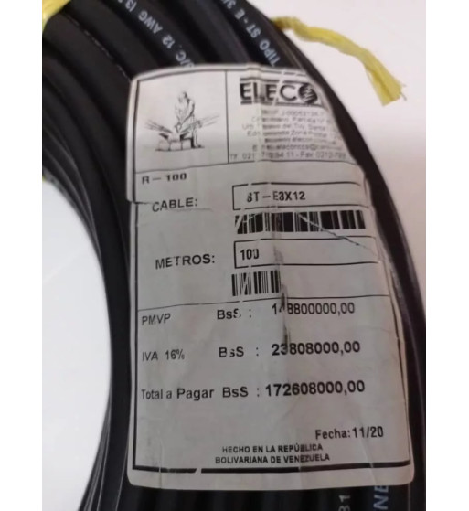 Cable Eléctrico St-3x12 Awg 100mts Elecon 100% Cobre 600v